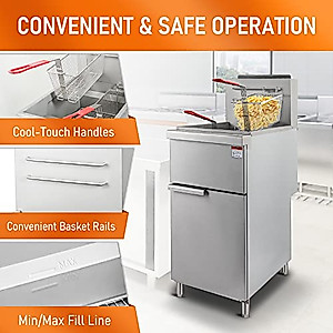 HOCCOT Commercial Deep Fryer with 3 Tube Burners, Stainless Steel Gas Floor Fryer in 90,000 BTU, 40lb. Capacity Deep Fryer with 2 Baskets for Restaurant Kitchen Food truck, 200℉-400℉ Adjustable Temp