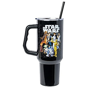 Silver Buffalo Star Wars Featuring Chewbacca, Yoda, R2-D2, C-3PO, Princess Leia, Han Solo, and Luke Skywalker Stainless Steel Tumbler with Handle and Straw, Fits in Standard Cup Holder, 40 Ounces