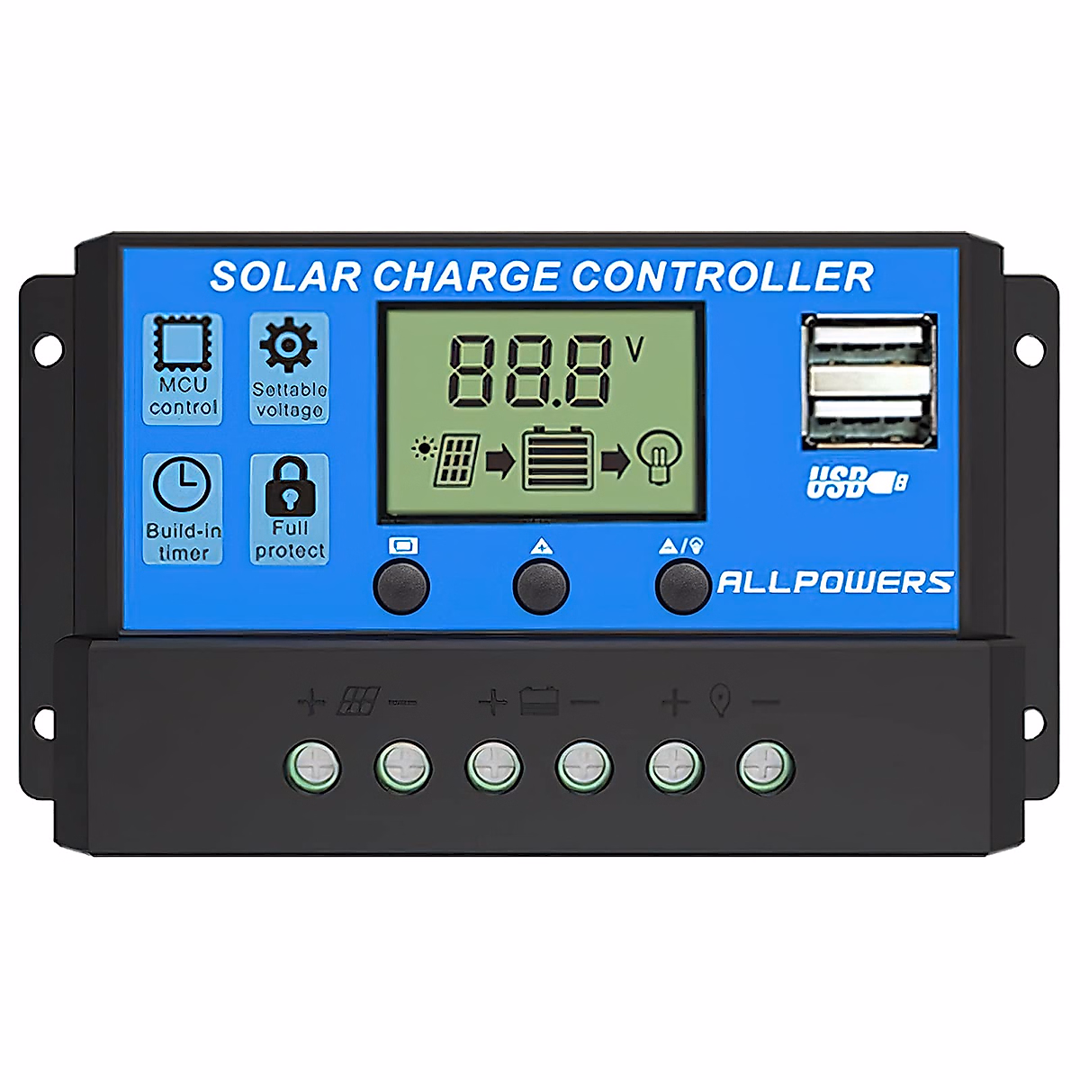 ALLPOWERS 20A Solar Charger Controller Solar Panel Battery Intelligent Regulator with USB Port Display 12V/24V