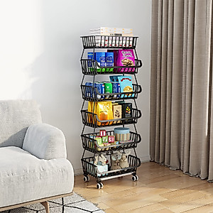 Wisdom Star 6 Tier Fruit Vegetable Basket for Kitchen, Fruit Vegetable Storage Cart/ Bins for Onions and Potatoes, Wire Storage Organizer Utility Cart with Wheels, Black