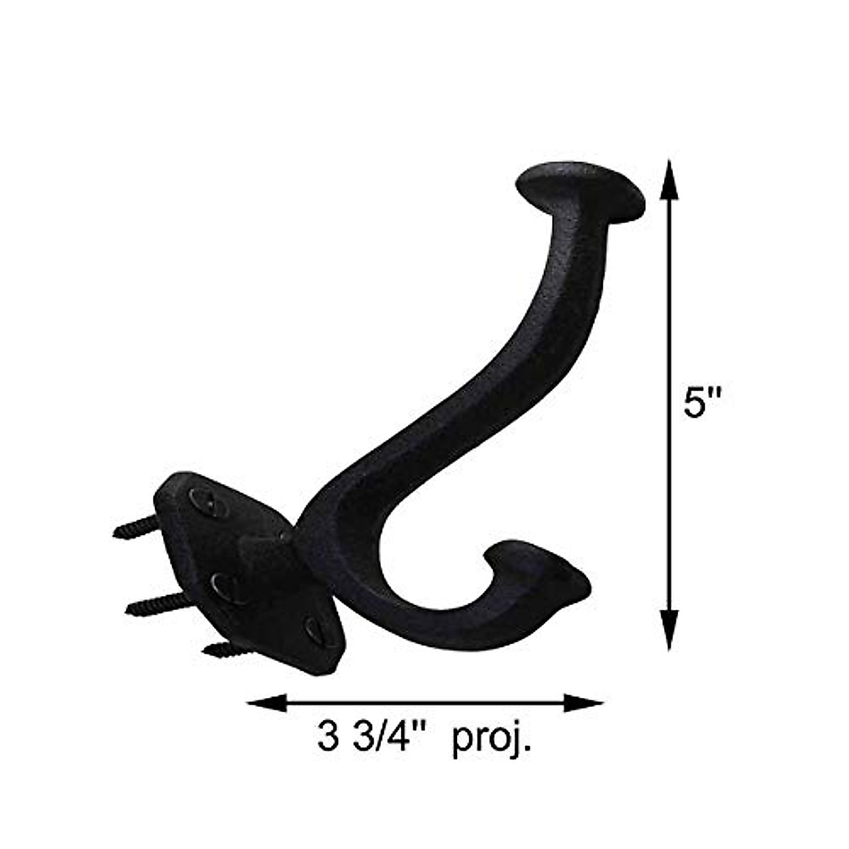 Renovators Supply Manufacturing Black Wrought Iron Robe and Coat Double Hooks 5 Inches Long Rustic Entry Way Hat or Jacket Hanger Wall Mount Including Complete Mounting Hardware