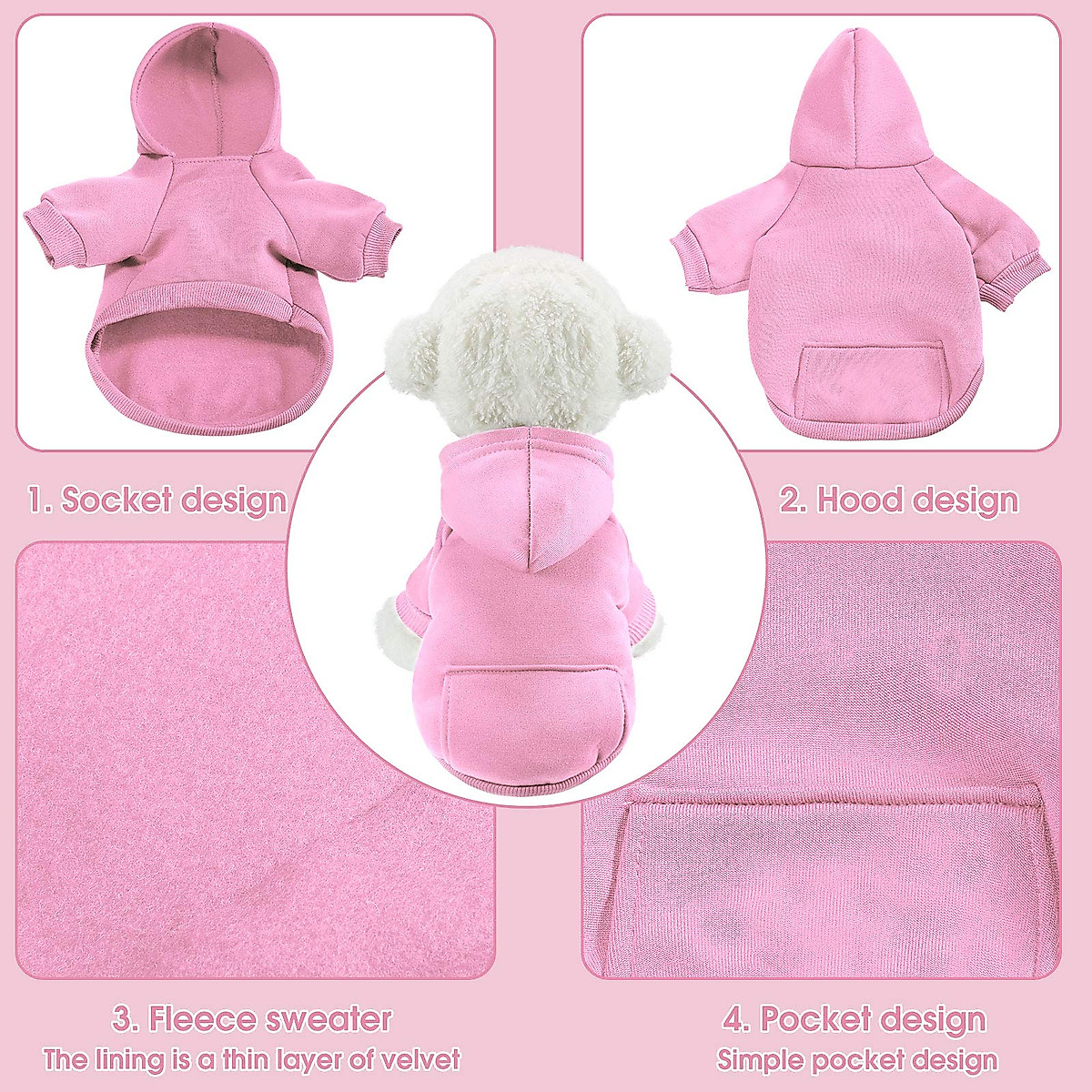 2 Pieces Winter Dog Hoodie Warm Small Dog Sweatshirts with Pocket Cotton Coat for Chihuahua Clothes Puppy Costume(S,Pink, Light Purple)