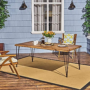 Christopher Knight Home Kama Patio Dining, Rectangular, 72", Acacia Wood Table Top, Rustic Iron Hairpin Legs, Teak Finish, Metal