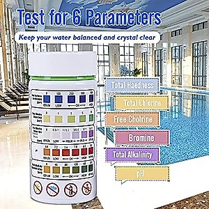 SuperCheck 5-in-1 Test Strips for Testing Chemicals Content in Pool and Spa, 6 Parameters, 100 Count, Swimming Water Test Kits for Hardness, Chlorine, Bromine, pH and Alkalinity, Pool Water Tester