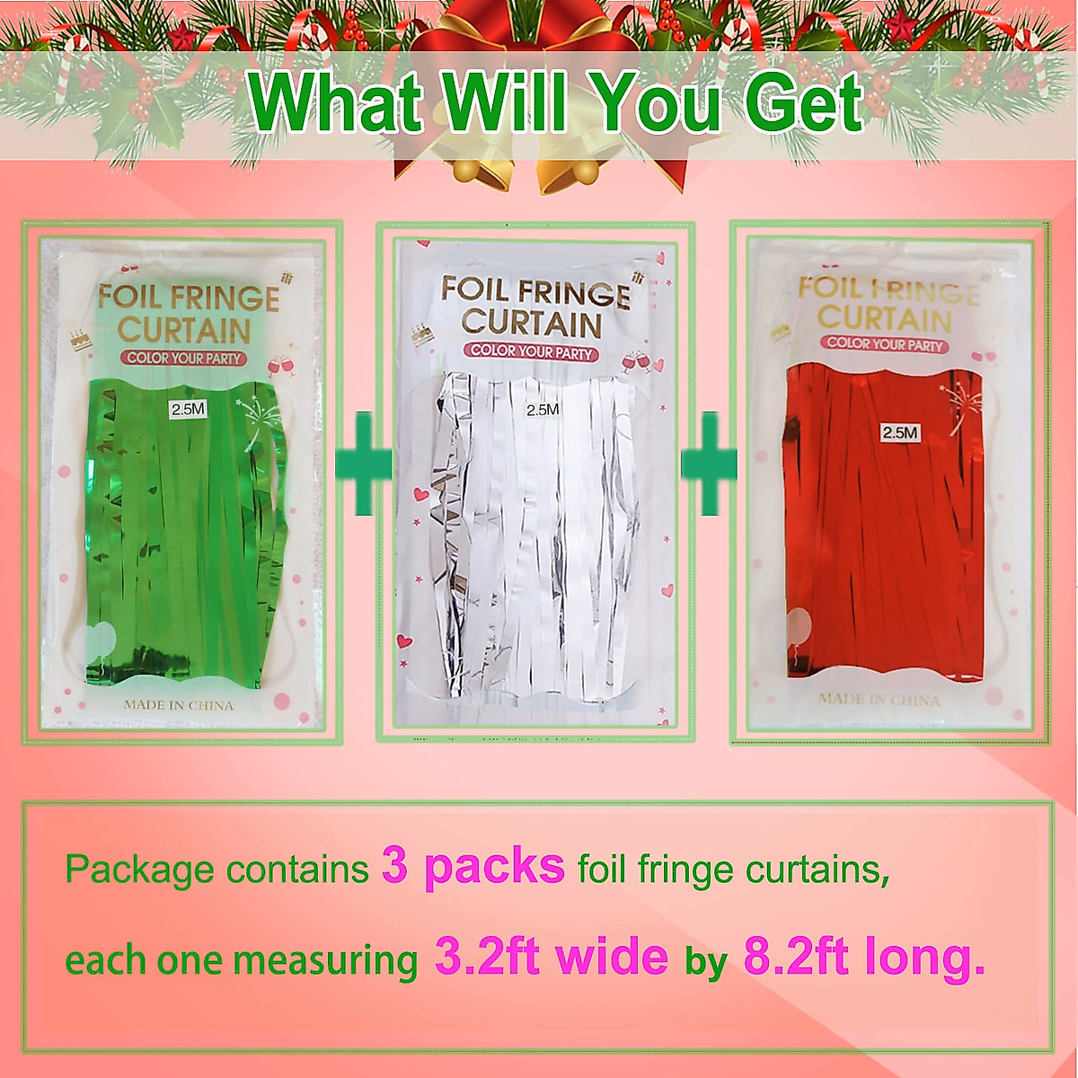 Christmas Foil Fringe Curtain -3 Pack of 3.2x8.2ft Red Silver Green Tinsel Fringe Backdrop Streamers for Christmas Ugly Sweater Party New Years Eve Party Supplies 2024 Photo Backdrop Party Decorations