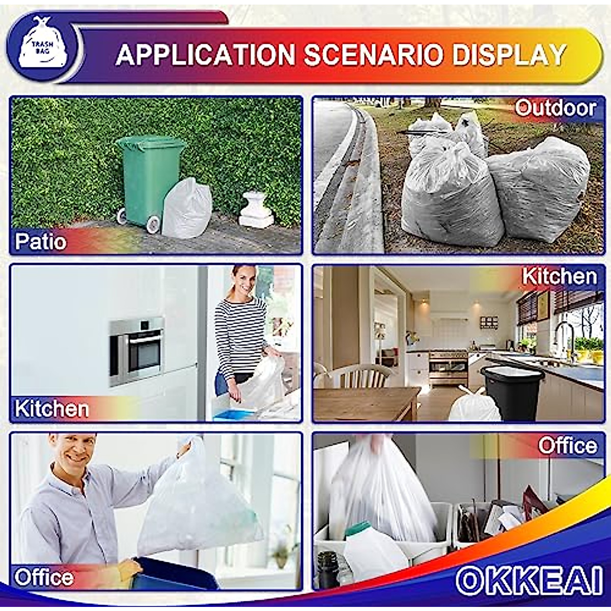 OKKEAI 50L Large Garbage Bag 13 Gallon Trash Bags for Kitchen,Home,White,60 Count