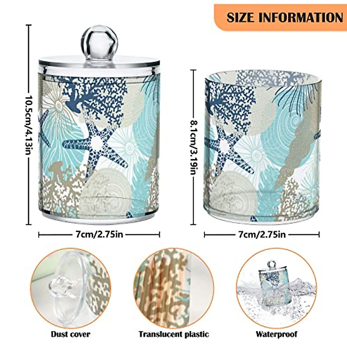 DOMIKING Algae Corals Seashells 2 Pack Cotton Swab Holder Dispenser Plastic Jar Bathroom Storage Canister Acrylic Containers for Cotton Ball Cotton Swab Cotton Round Pads
