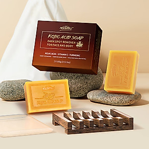 POP MODERN.C Kojic Acid Soap Turmeric Soap for Face and Body Vitamins C Soap for Acne Blackheads Christmas Gifts 2x100g Soaps 1pc Mesh Soap Pouch and Wooden Soap Holder