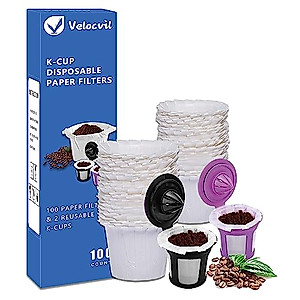Velocvil 2 Pack Reusable K Cups with 100 PCS Paper Coffee Filter Set, Refillable Single Cup Coffee Pods, Universal Fit for Keurig 1.0, 2.0 Brewers, White