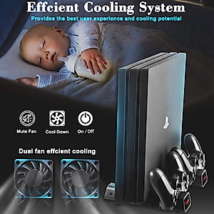 Megadream Cooling Fan Stand for PS4, Dual Controller Charge Station for PS4 Slim/PS4 Pro/Playstation 4, Multifunctional Vertical Cooling Stand with LED Indicator, 10PCS Games Storage, 4 Usb Connectors