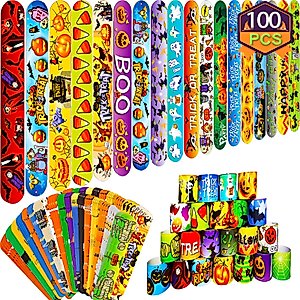 Halloween Slap Bracelets for Kids, 100 Halloween Bracelet Toys Bulk For Kids Girls Boys, Trick or Treat Party Favors, Exchanging Gifts, Classroom Prizes, Halloween Party Gift Treat Bag Filler Supply