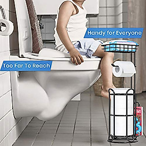 [Upgrade] Toilet Paper Holder Stand with Shelf Tissue Holders for Bathroom Free Standing Bath Tissue Roll Holder Magazine Rack for Mega Rolls/Phone/Wipe-Black
