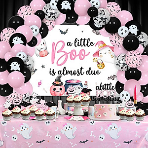 A Little Boo is Almost Due Halloween Baby Shower Decorations for Girl Pink and Black Balloon Garland Arch Kit Backdrop Tablecloths Cake Topper Bat Ghost Foil Balloons for Halloween Table Decorations