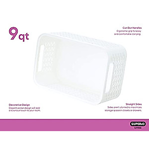 Superio Woven Plastic Storage Basket Box with Handles- Wicker Home Organizer Shelf Bins for Closet- Use for Socks, Jeans, Undershirts, Belts, Accessories (9 Quart, White)