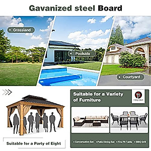 YOLENY 12' x 14' Hardtop Gazebo Wood Grain Gazebo with Galvanized Steel Double Roof, Aluminum Frame, Outdoor Patio Hardtop Gazebo with Netting and Curtains for Deck, Backyard, Patio, Lawns