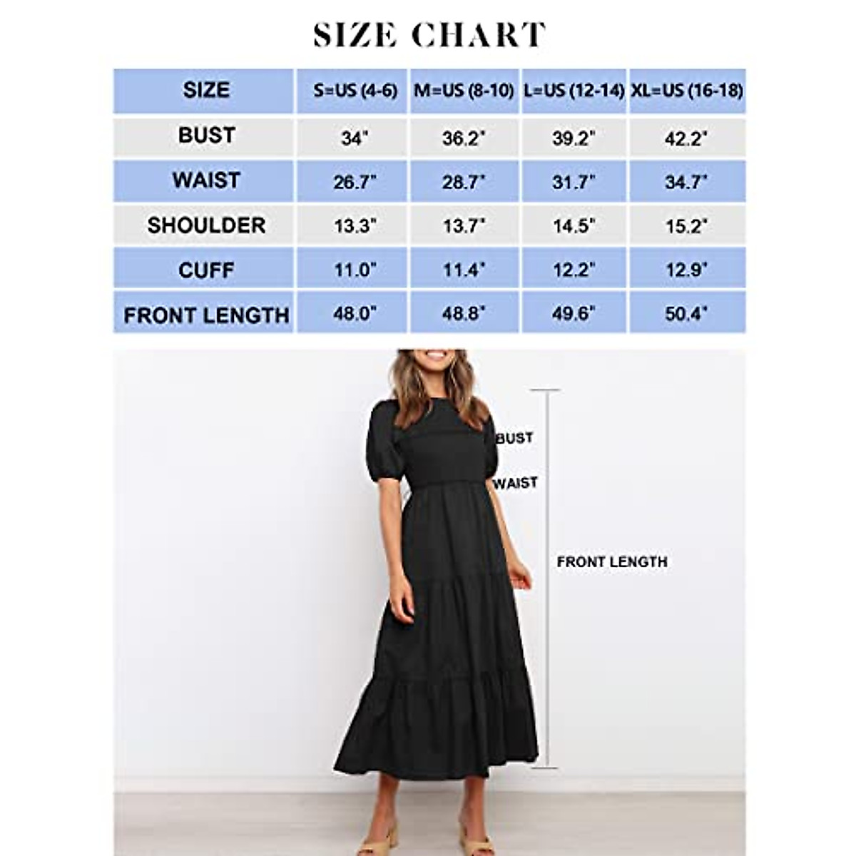 ZESICA Women's 2023 Casual Summer Crew Neck Short Puff Sleeve Smocked High Waist Ruffle Tiered A Line Midi Dress,Black,Medium