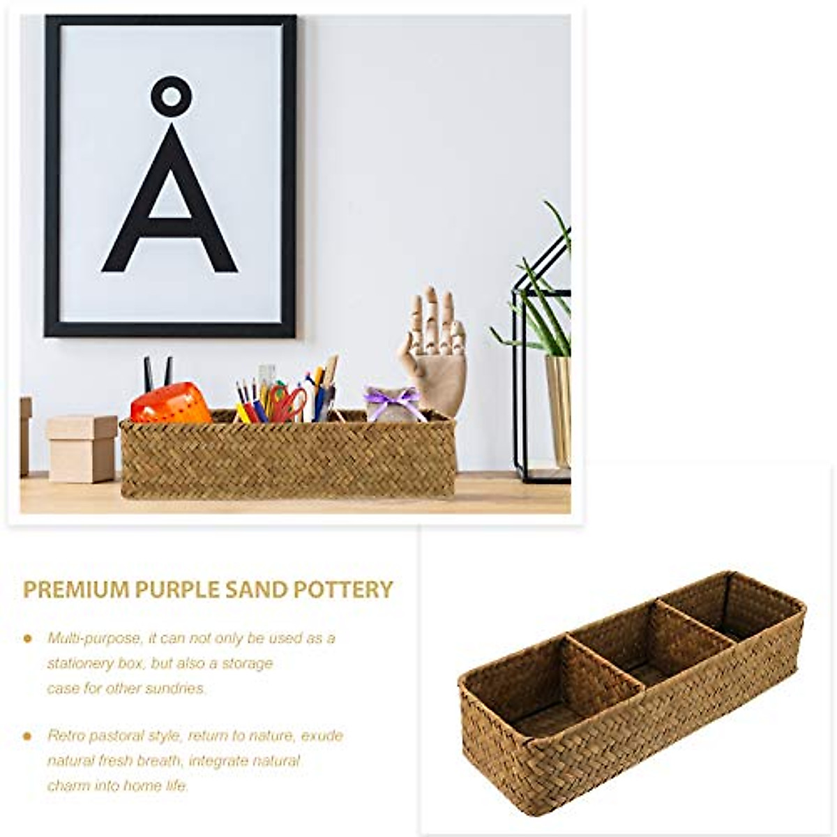 YARNOW Woven Shelf Baskets Storage Baskets Seagrass Wicker Baskets Makeup Holder Organizer Divided Storage Bins Box Container Sundries Organizer Cosmetic Storage Box for Bedrooms Home