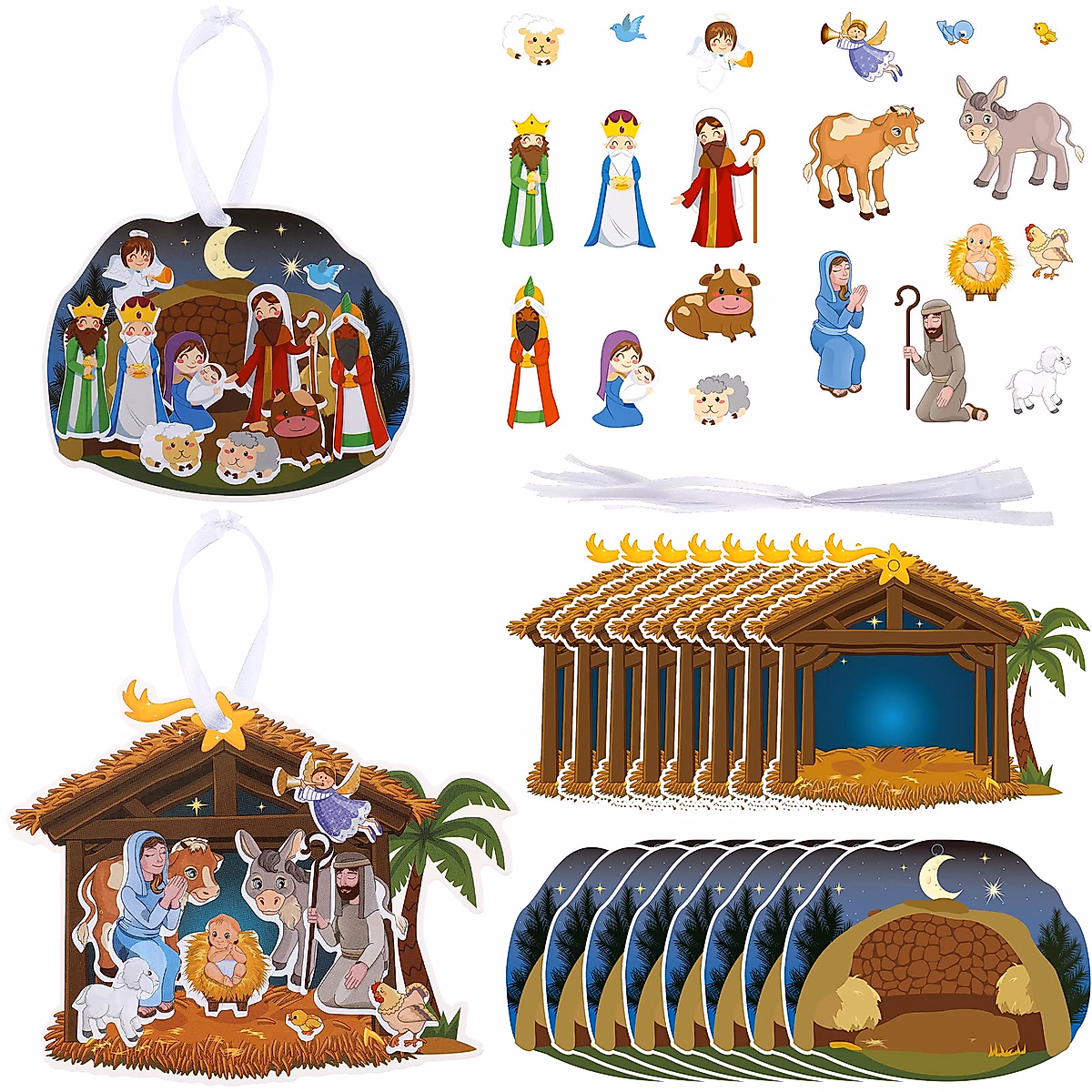Religious Crafts Nativity Stickers Make a Nativity Scene Sticker Ornament Christmas Tree Hanging Decorations Christian Craft Kits for Holy Night Religious Party Jesus (16 Sets)