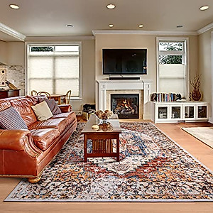 YJ.GWL Soft Large Area Rug 5x8 Washable Living Room Bedroom Rug, Non-Slip Vintage Accent Rugs for Dining Room Office Indoor Home Decor, Low-Pile Colorful Print Rug Floor Carpet, Orange