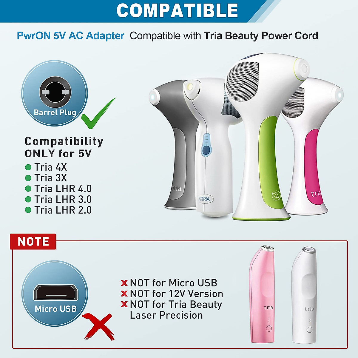 PwrON 5V Replacement for Tria Charger Compatible with Tria Beauty 4X 3X LHR 4.0 3.0 2.0 THR-25 UM318-0530 UM310-0530 PSM10A-050 PSC12A-050 US312-0523 Power Cord