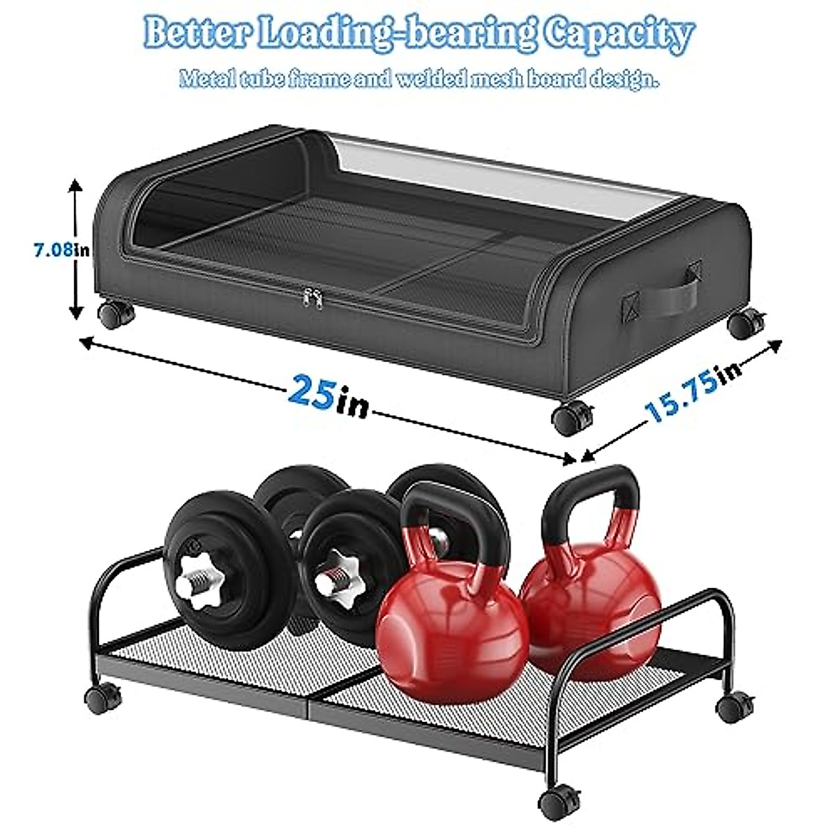 Under Bed Storage with Wheels and Lids, Rolling Underbed Storage Containers, Metal Under the Bed Shoe Storage Organizer with Bag Cover, Under Bed Storage Drawer Bins for Clothes Shoes(2 Pack Black)