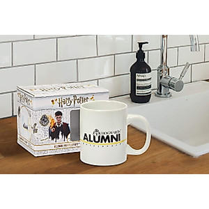 Harry Potter Hufflepuff Alumni 11-Oz Mug - White Ceramic Cup With Handle - Hogwarts Crest & House Yellow Stripe With Black Lettering - From Rowling's Wizarding World