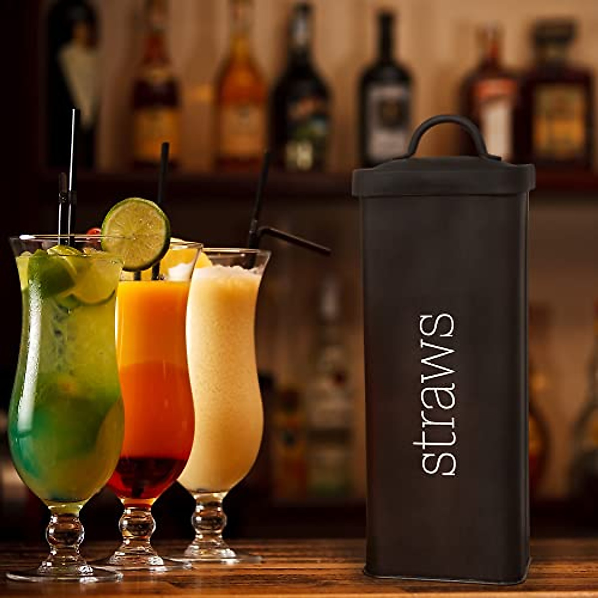 AuldHome Farmhouse Enamelware Straw Holder (Black); Retro Metal Straw Storage Canister