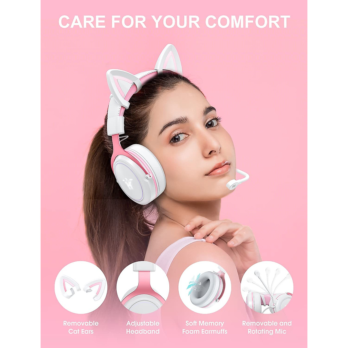 PHNIXGAM Cat Ear Gaming Cute Headset, Wired Over-Ear Headphones with Noise Cancelling Microphone, Surround Sound, LED Backlight for PS4, PS5, Xbox One(No Adapter), PC, Mobile Phone, White & Pink