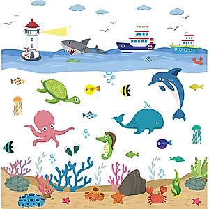 Cartoon Octopus Turtle Whale Grass Seaweed Wall Decals, Under The Sea Wall Decal Stickers, Removable Vinyl Baby Nursery Wall Decor Mural Art for Kids Girls Boy Nursery Bedroom Bathroom