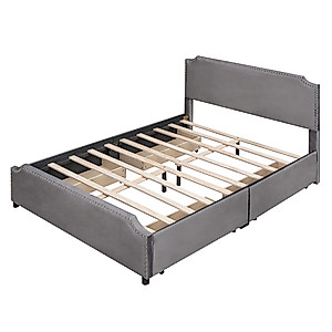 BIADNBZVelvet Queen Size Platform Bed Frame with Stud Trim Headboard and Footboard,4 Drawers for Bedroom/Guestroom,No Box Spring Needed,Gray