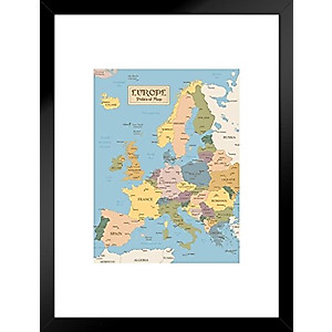 Vintage Map of Europe Travel World Political Map Cities in Detail Map Posters for Wall Map Art Wall Decor Geographical Illustration Tourist Travel Destinations Matted Framed Wall Art Decor 20x26