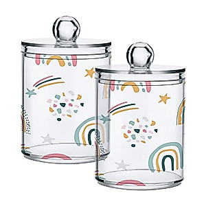 Kigai 2PCS Cartoon Rainbow Qtip Holder Dispenser with Lids - 14 oz Bathroom Storage Organizer Set, Clear Apothecary Jars Food Storage Containers, for Tea, Coffee, Cotton Ball, Floss