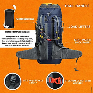 TRAWOC 65 Liter Internal Frame Trekking Hiking Backpack Travel Bag Front & Top Loading Rucksack/Water Proof Rain Cover/Shoe Compartment, HK010