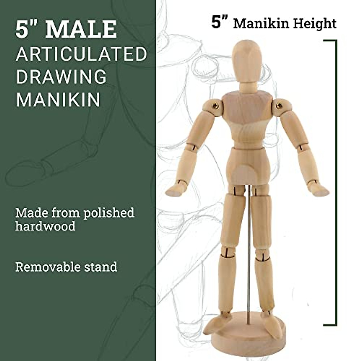 US Art Supply® Wood Artist Drawing Manikin Articulated Mannequin with Base and Flexible Body - Perfect for Drawing The Human Figure (5" Male)