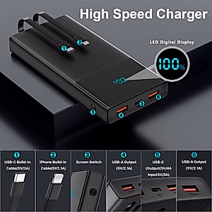 Portable Charger Power Bank with 2 Built in Cables(USB-C and iOS), 13000mAh PD Fast Charging Durable Phone Charger with LED Display, Battery Pack Backup Charger for iPhone, Android,etc - Black(1 Pack)