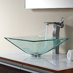 Kraus GVS-901-19mm-SN Aquamarine Square Clear Glass Vessel Bathroom Sink with PU-MR Satin Nickel