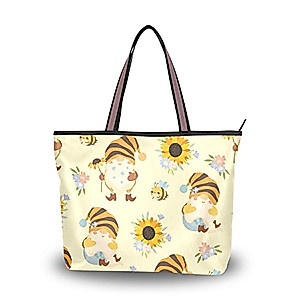 Tote Bag Aesthetic (Gnomes Bees), Large Capacity Zipper Women Grocery Bags Purse for Daily Life 2 Sizes