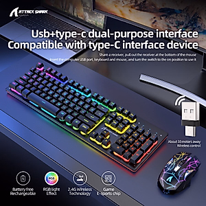 A.jAZZ Wireless Gaming Keyboard and Mouse Combo,Full Size 12 RGB Chroma Backlit Keyboard,Rechargeable 4200mAh Mechanical Feel USB/Type-C Dual Receiver Silent Mice,for PC,Mac,Laptop,PS4,Xbox,Black