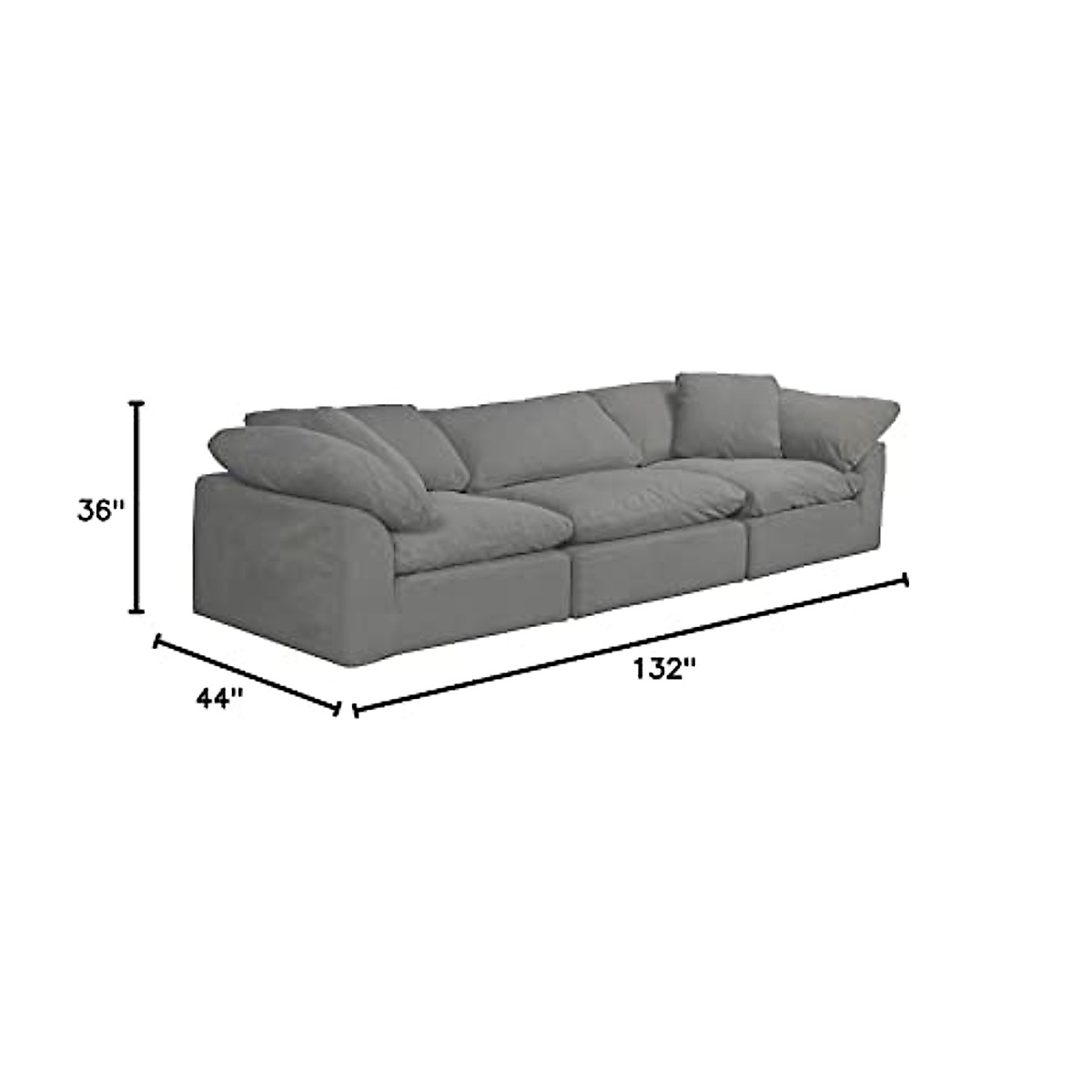 Sunset Trading Cloud Puff 3 Piece Performance Gray Grey 1` Slipcovered Modular Sectional Sofa, 132" Deep-Seating Down-Filled Couch