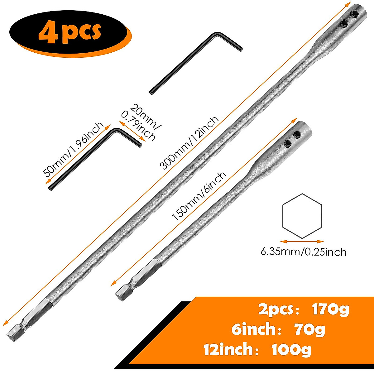 Hotop 4 Pieces 1/4 Drill Bit Extension Set Wood Spade Drill Bit Extension,6 and 12 Inches Spade Drill Bit Extension with 2 Pieces Key,Use with High-Carbon Steel Wood Spade Bits
