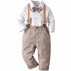 LOTUCY Toddler Dress Suit Baby Boys Clothes Sets Bowtie Shirts + Suspenders Plaid Pants 3pcs Gentleman Outfits Suits 1-6Years