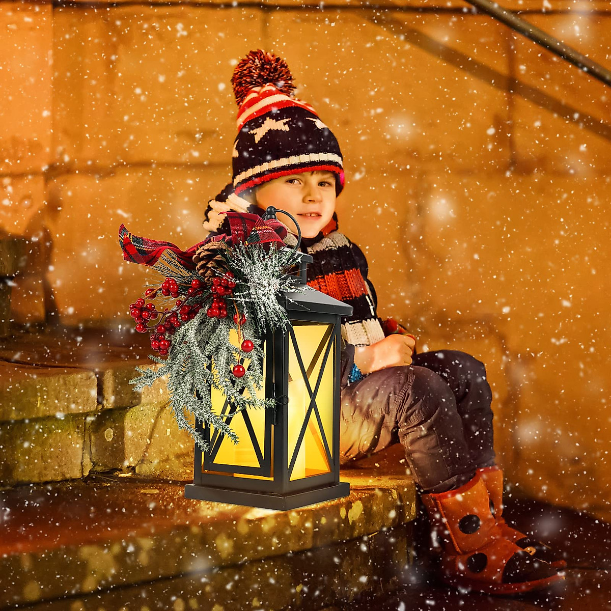 Christmas Candle Lantern 14Inch, Christmas Lanterns Garden Flashing Candle Light, Decorative Hanging Lantern for Indoor Home Tables and Fireplaces Outdoor Patios