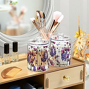 4 Pack Qtip Holder Dispenser Purple Lavender on White Cotton Ball Cotton Swab Cotton Round Pads Floss Clear Bathroom Storage Containers Plastic Apothecary Jars with Lids