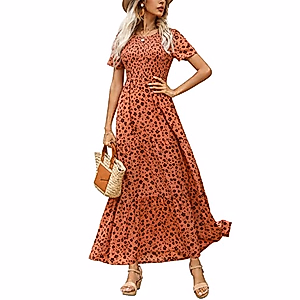Maggeer 2023 Womens Summer and Fall Maxi Dress Modest Smocked Tiered Floral Short Sleeve Dress for Women Floral XL