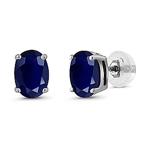 Gem Stone King 14K White Gold Blue Sapphire Stud Basket Setting Earrings For Women (2.04 Cttw, Gemstone September Birthstone, Oval 7X5MM)