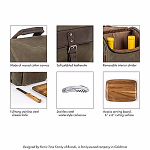 LEGACY - a Picnic Time Brand, 2 Bottle Insulated Wine Bag with Cheese Board and Knife Set - Wine Picnic Bag - Waxed Canvas Wine Tote, Khaki/Brown