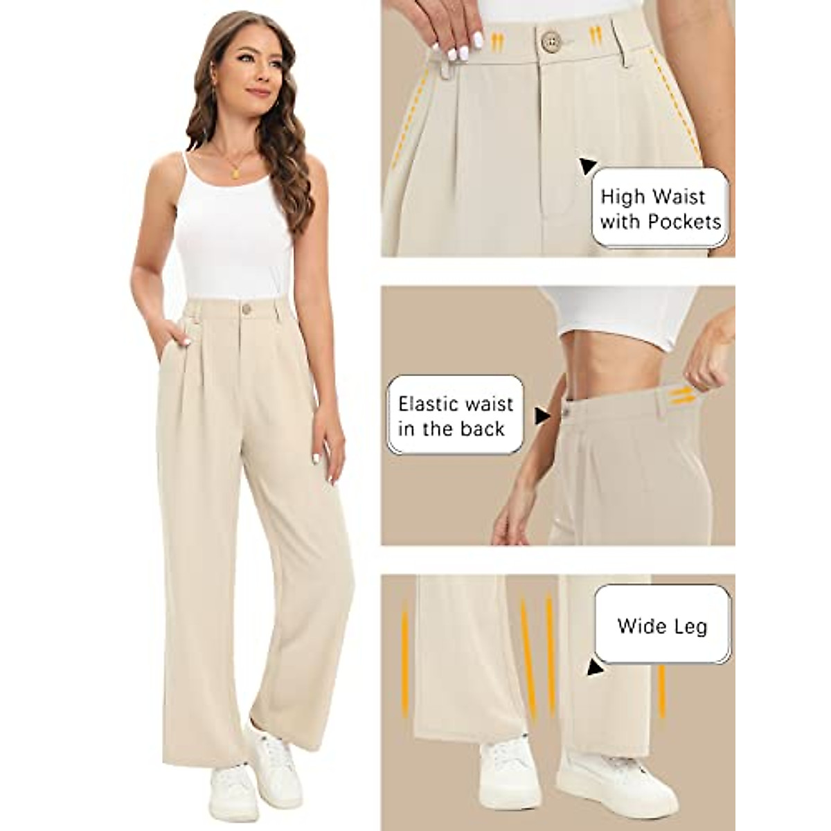 Tapata Womens Wide Leg High Waist Straight Leg Casual Pants Stretch Comfy Pockets Relaxed Fit, Beige, 6