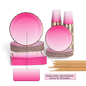 Ottin Ombre Rainbow Hot Pink Party Supplies 50-counts Disposable Paper Plates and Napkins Set for Birthday Wedding Bridal Baby Shower Engagement Mother's Day