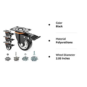 3” Caster Wheels,Set of 4,Heavy Duty Swivel Casters with Brake, Safety Dual Locking and No Noise Polyurethane (PU) Wheels,Swivel Plate Castors(TWO HARDWARE KITS for Free)
