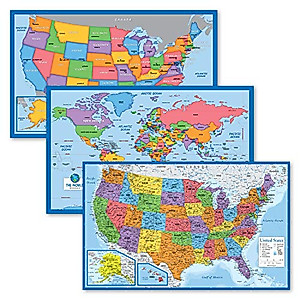 3 Pack - World Map & USA Map for Kids + Blue Ocean World Map - 3 Poster Set (Laminated, 18" x 29")